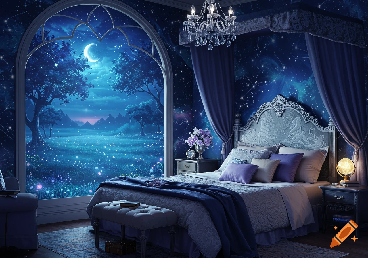 A luxurious fantasy bedroom with starry sky walls, a large arched window overlooking a moonlit ...