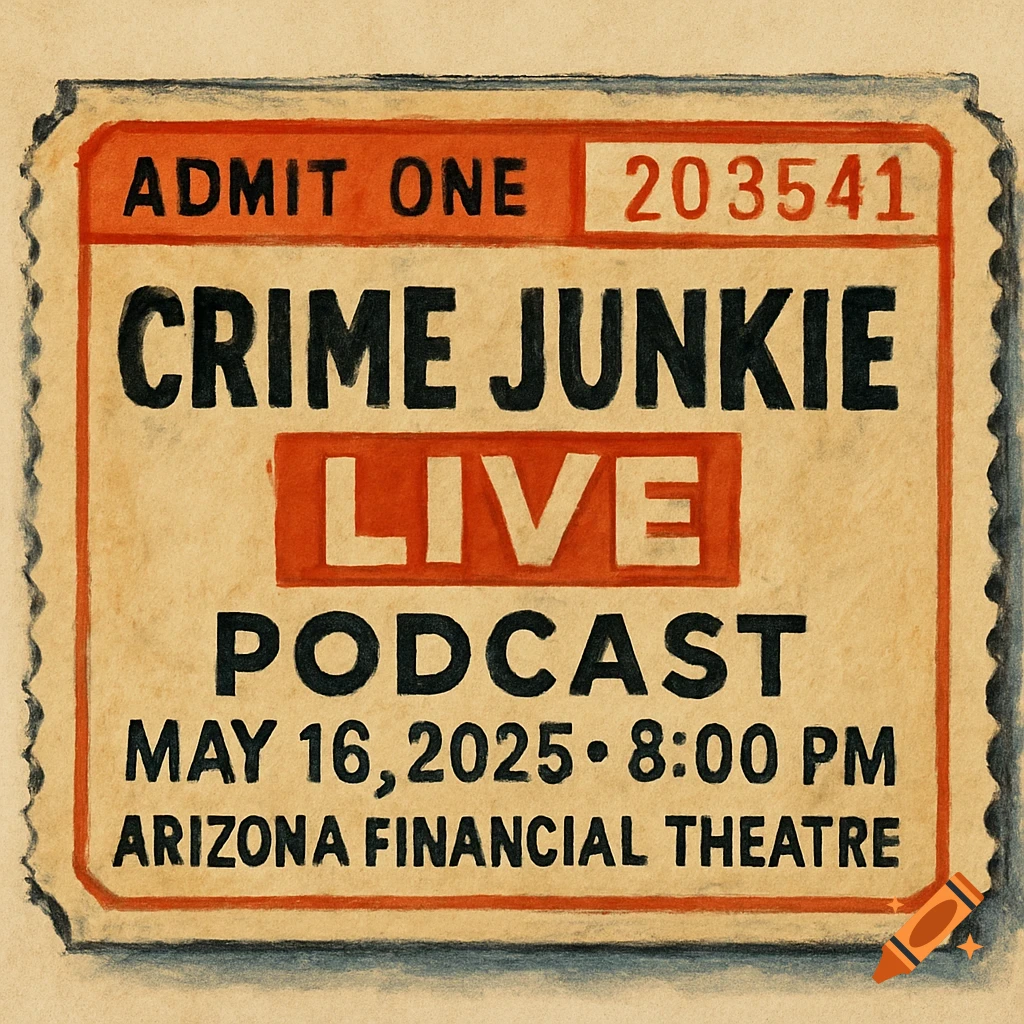 Drawing of a vintage ticket for Crime Junkie Live Podcast event on Craiyon