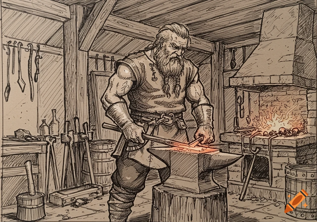 Sketch illustration of a muscular viking blacksmith working at an anvil ...