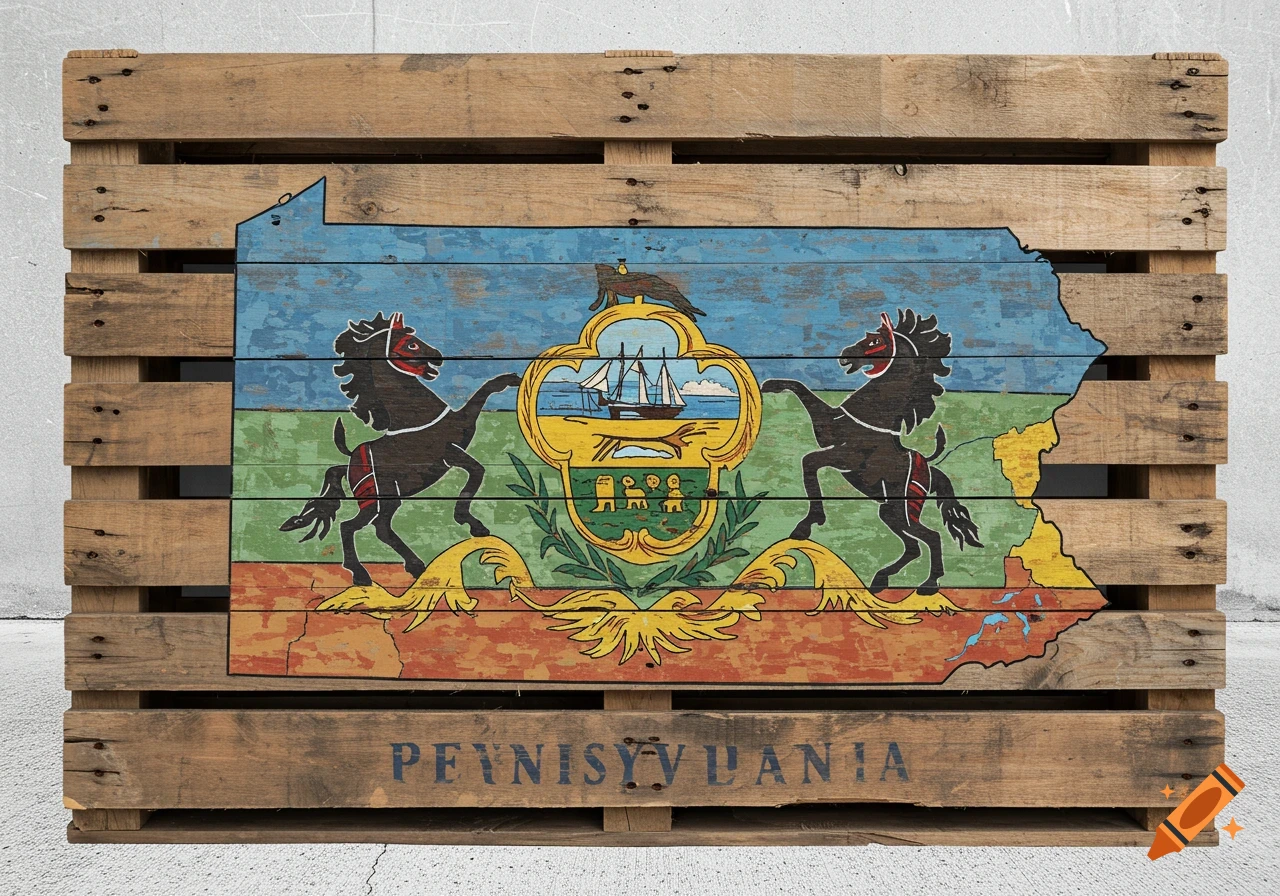 Pennsylvania state flag and seal painted on a wooden shipping pallet ...