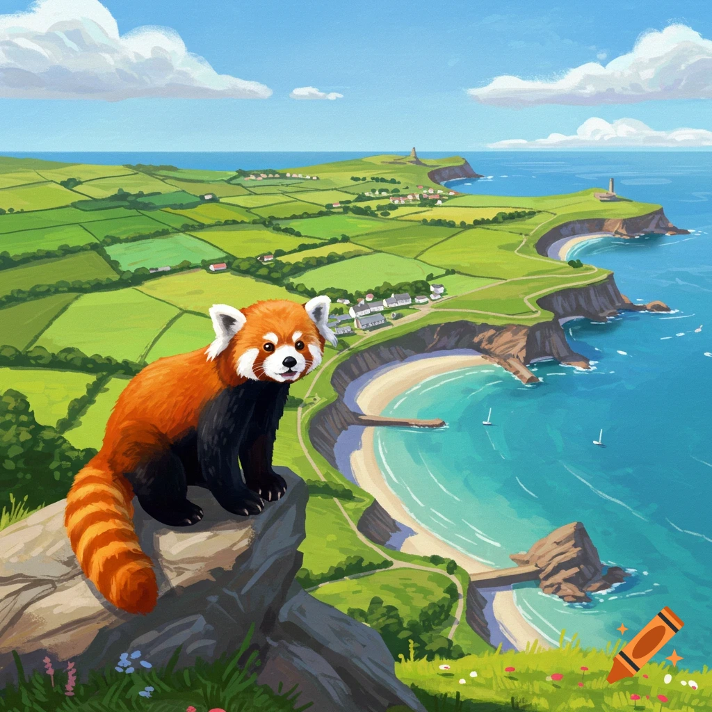 Illustration of a red panda sitting on a rock overlooking a bright ...