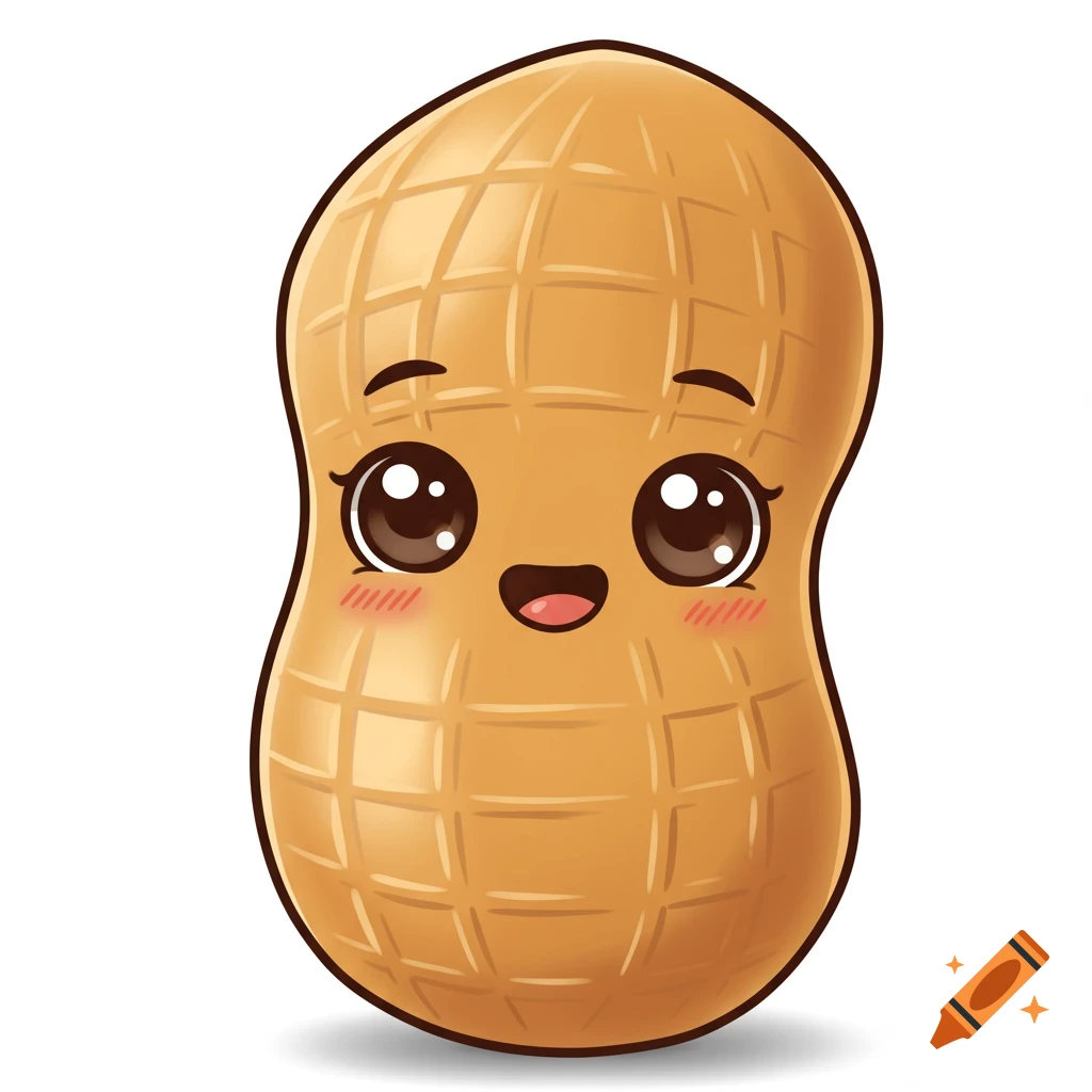 A cute cartoony peanut character with big eyes and a smile. on Craiyon