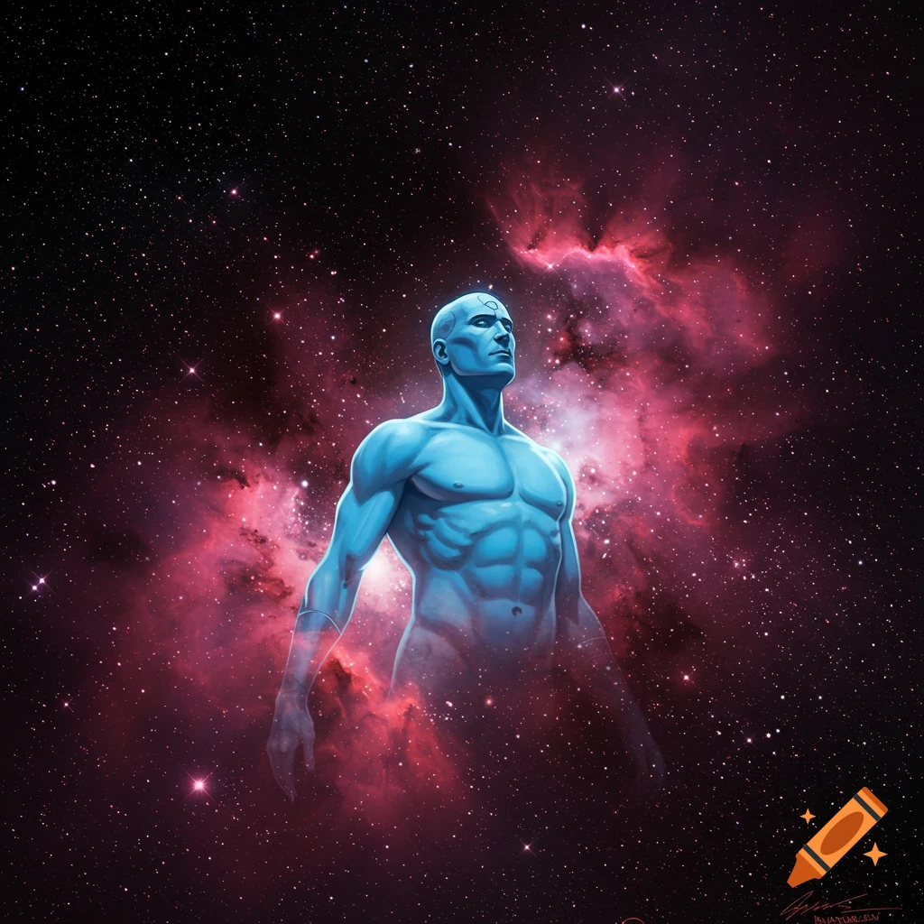 Dr. Manhattan floating in space surrounded by a pink nebula and stars ...
