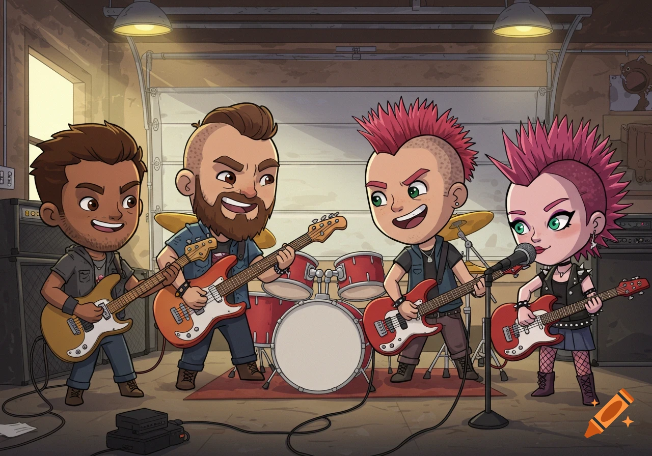 Cartoon rock band playing instruments in a garage on Craiyon