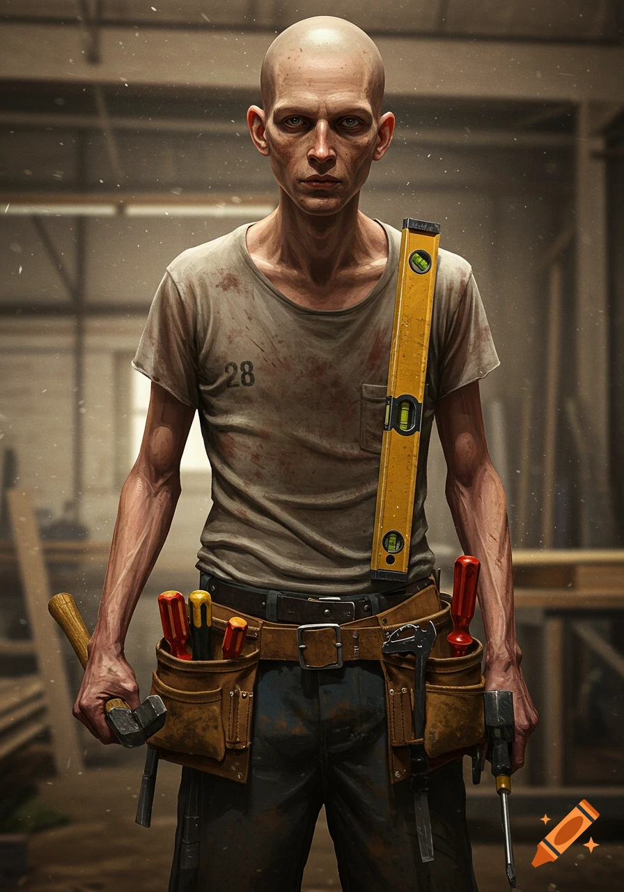 A bald man with a tool belt and level stands in a workshop. on Craiyon