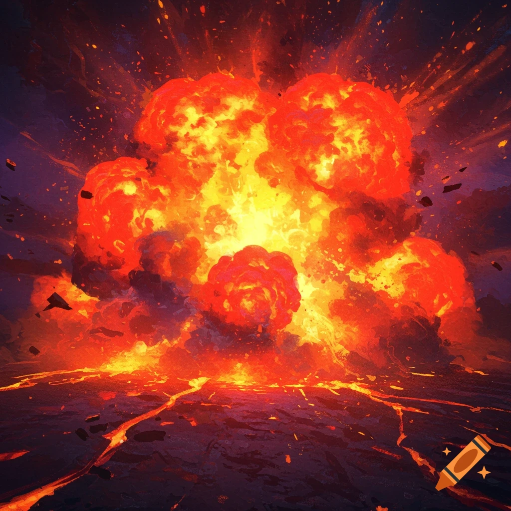 Colorful painting of a large explosion over cracked ground with glowing ...