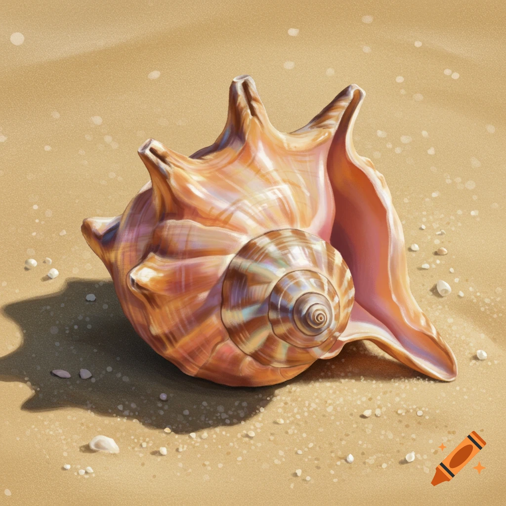 A painted conch shell rests on the sand. on Craiyon