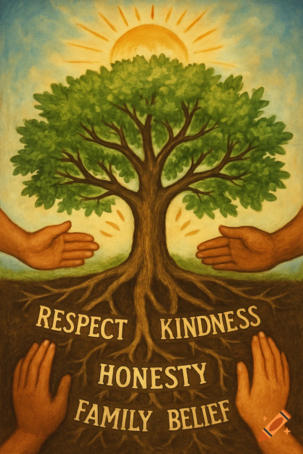 Symbolic illustration of a tree with roots labeled Respect, Kindness ...