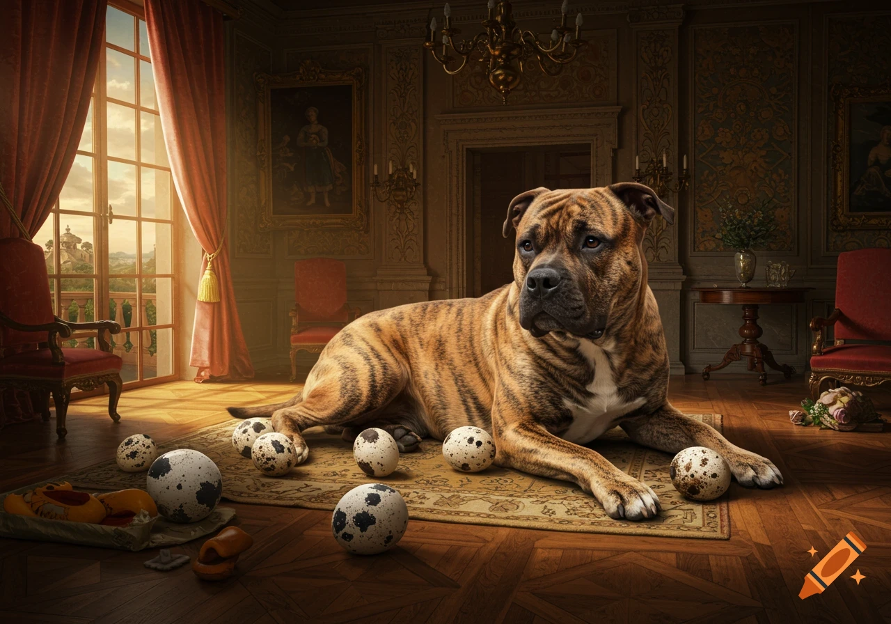 A brindle dog lies on a rug in an ornate room, surrounded by speckled ...