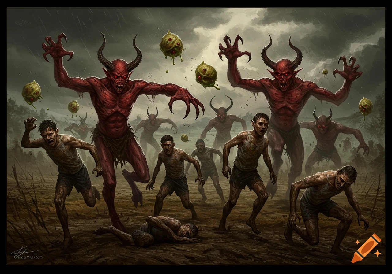 Demons attack runners in the rain, dark fantasy illustration. on Craiyon