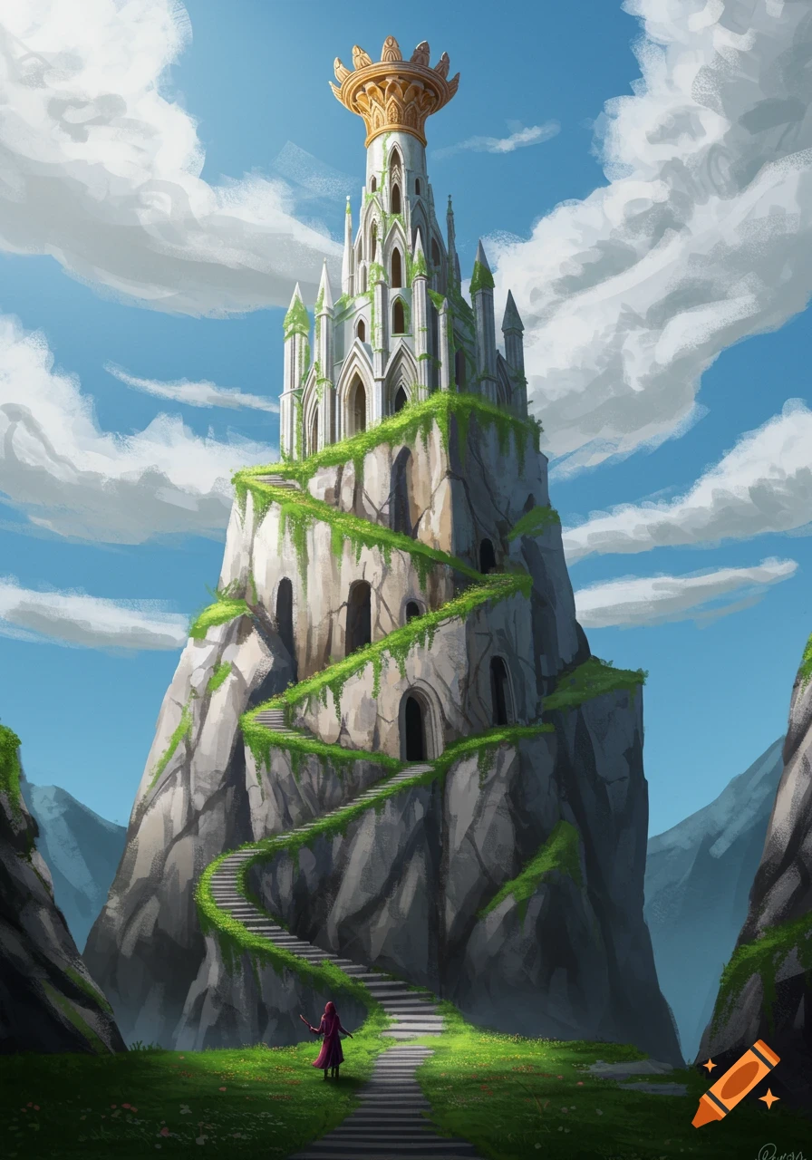 Fantasy illustration of a person approaching a castle on a crag with spiral stairs. on Craiyon