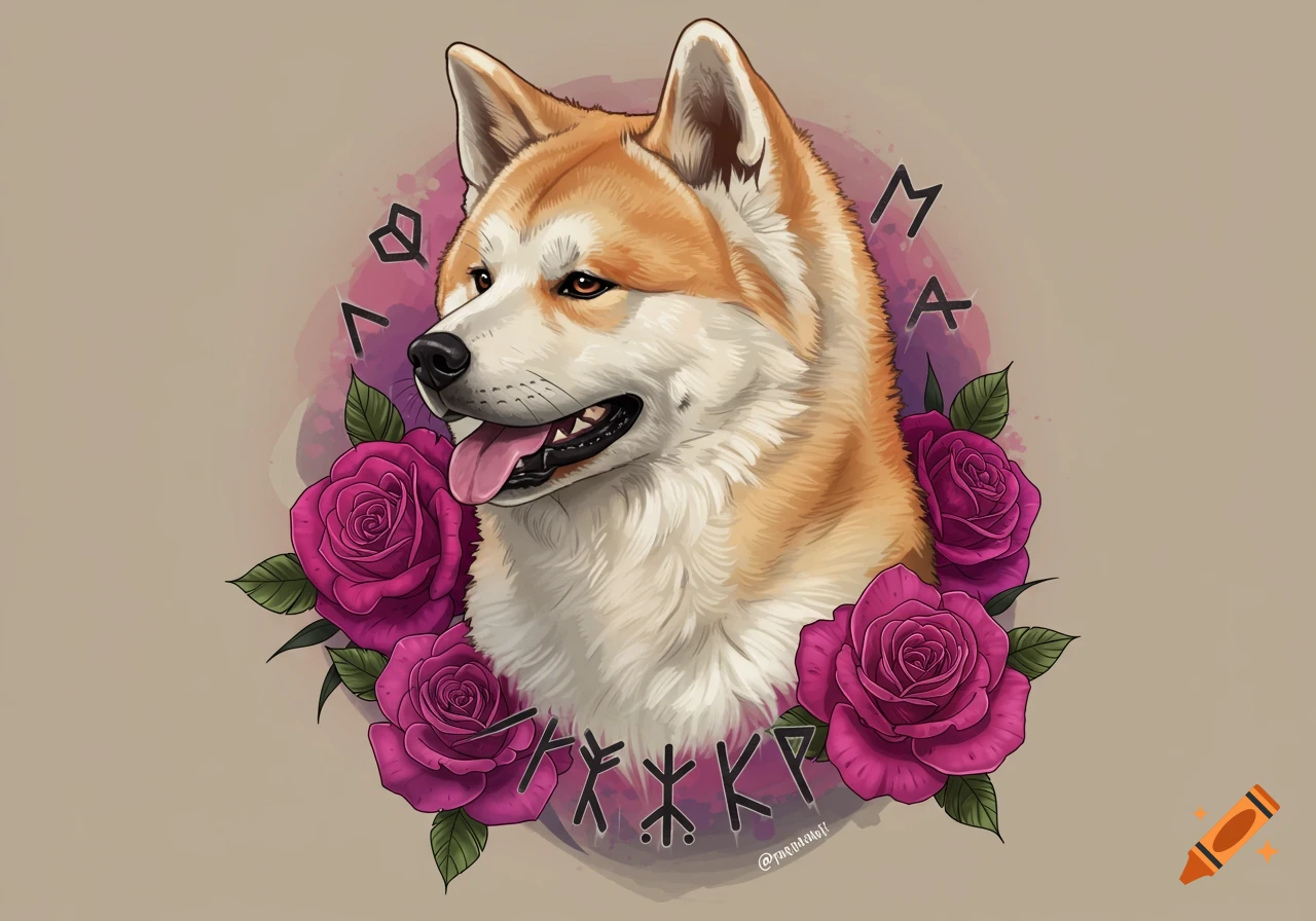Illustration of an Akita dog head surrounded by pink roses and runes on ...
