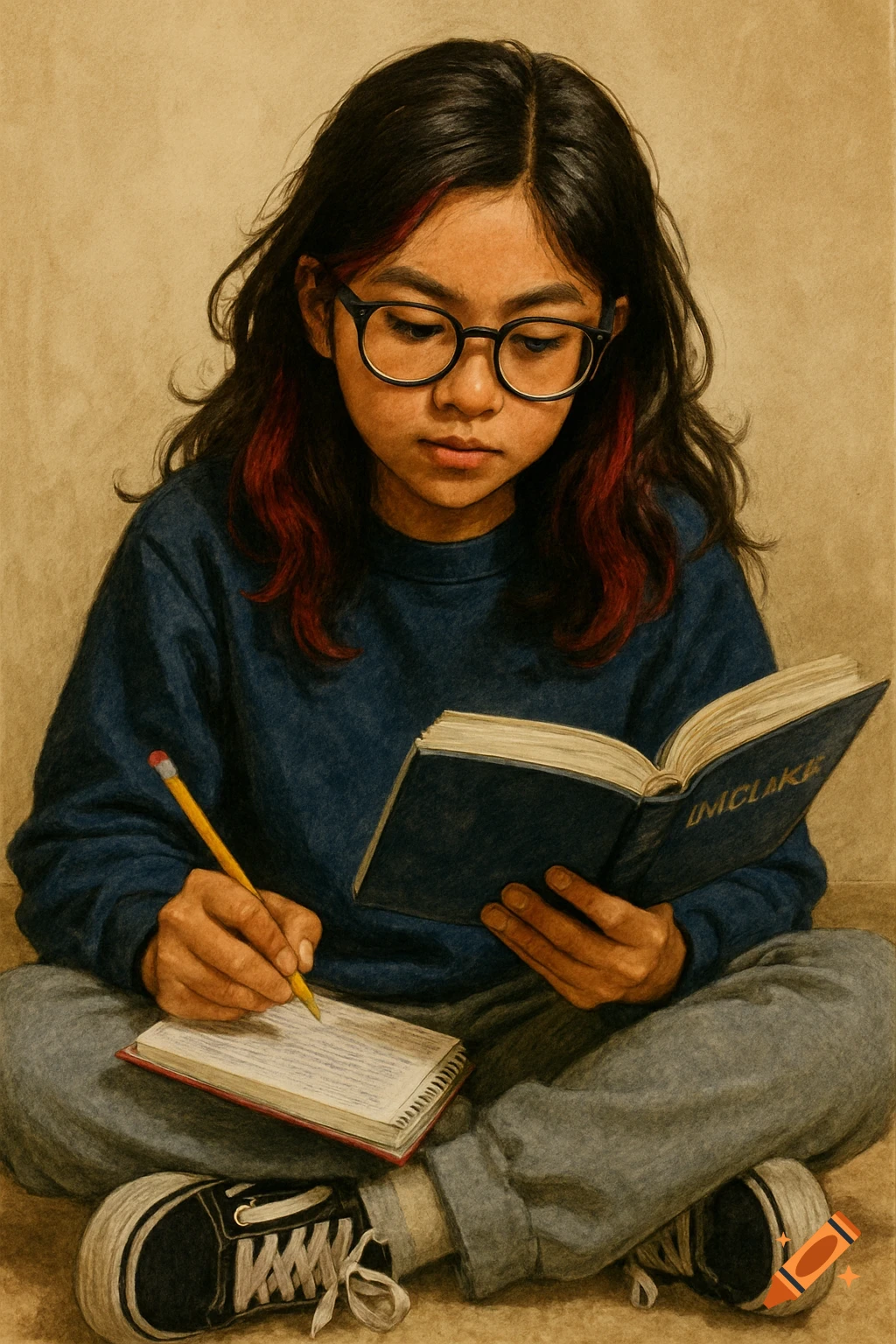 A girl with glasses and red highlights studies, writing in a notebook ...