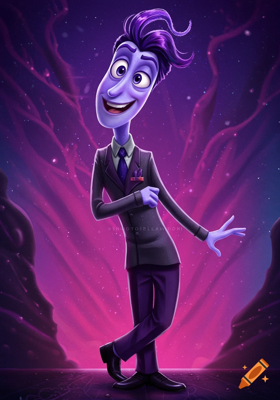 A lanky purple cartoon character in a dark suit stands against a ...