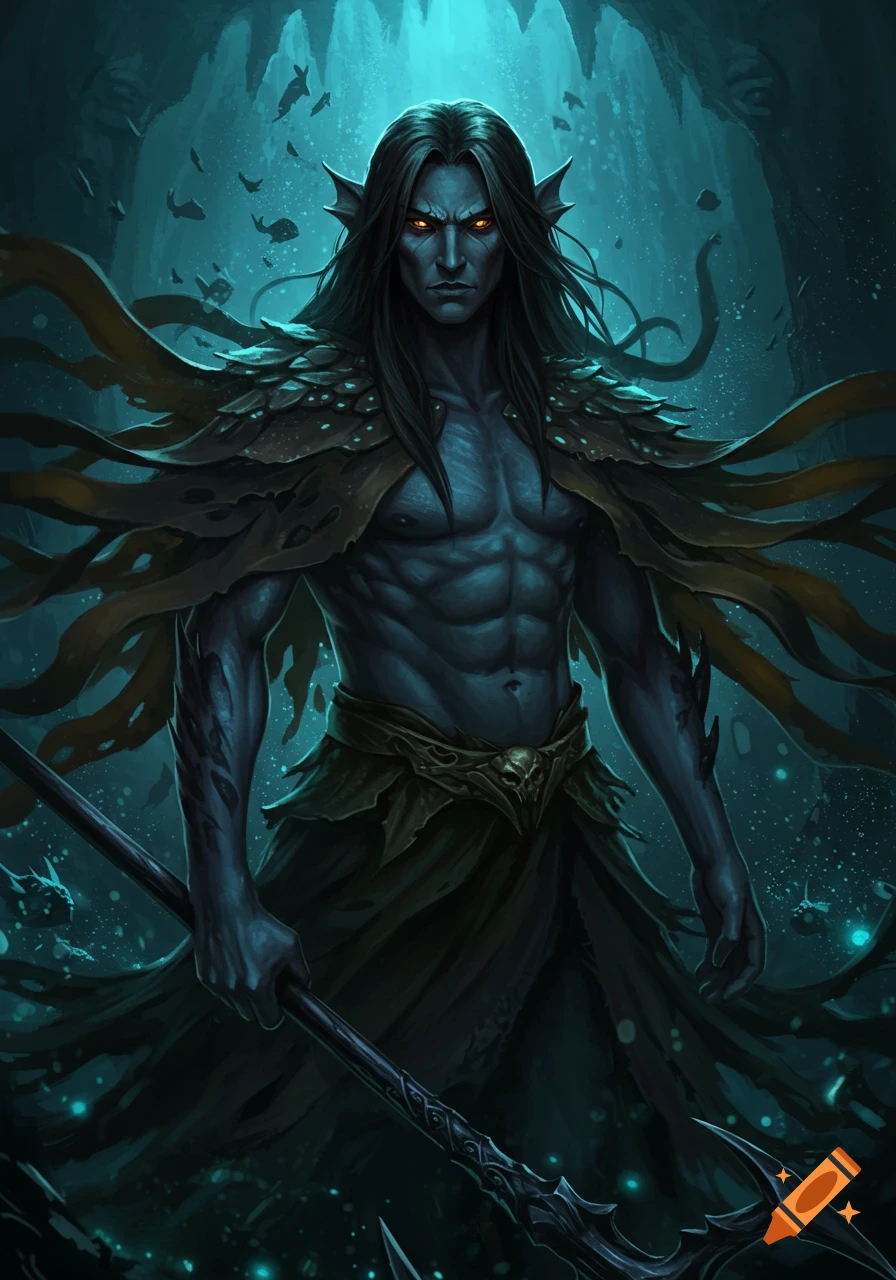 Fantasy portrait of a dark sea god or merman with glowing eyes, kelp ...
