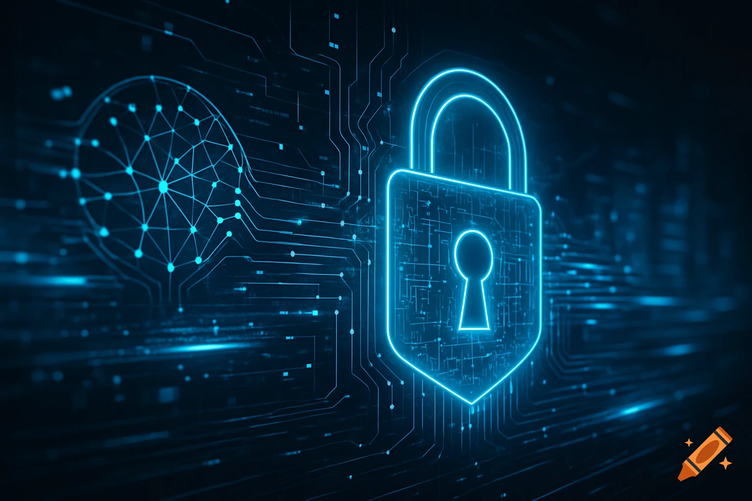 A neon blue security lock icon overlaid on a dark background with ...