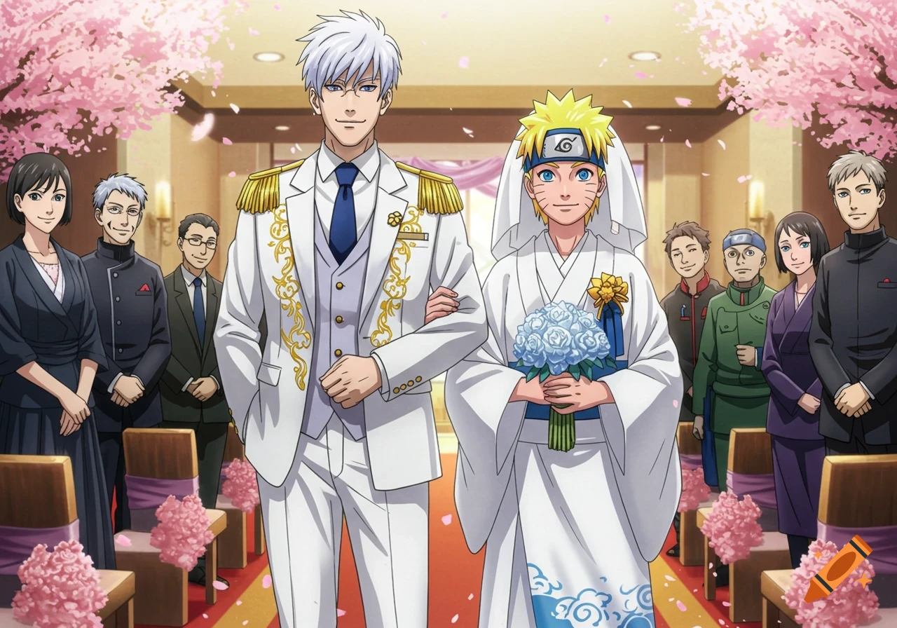 Anime style illustration of Naruto and Gojo getting married in a ...