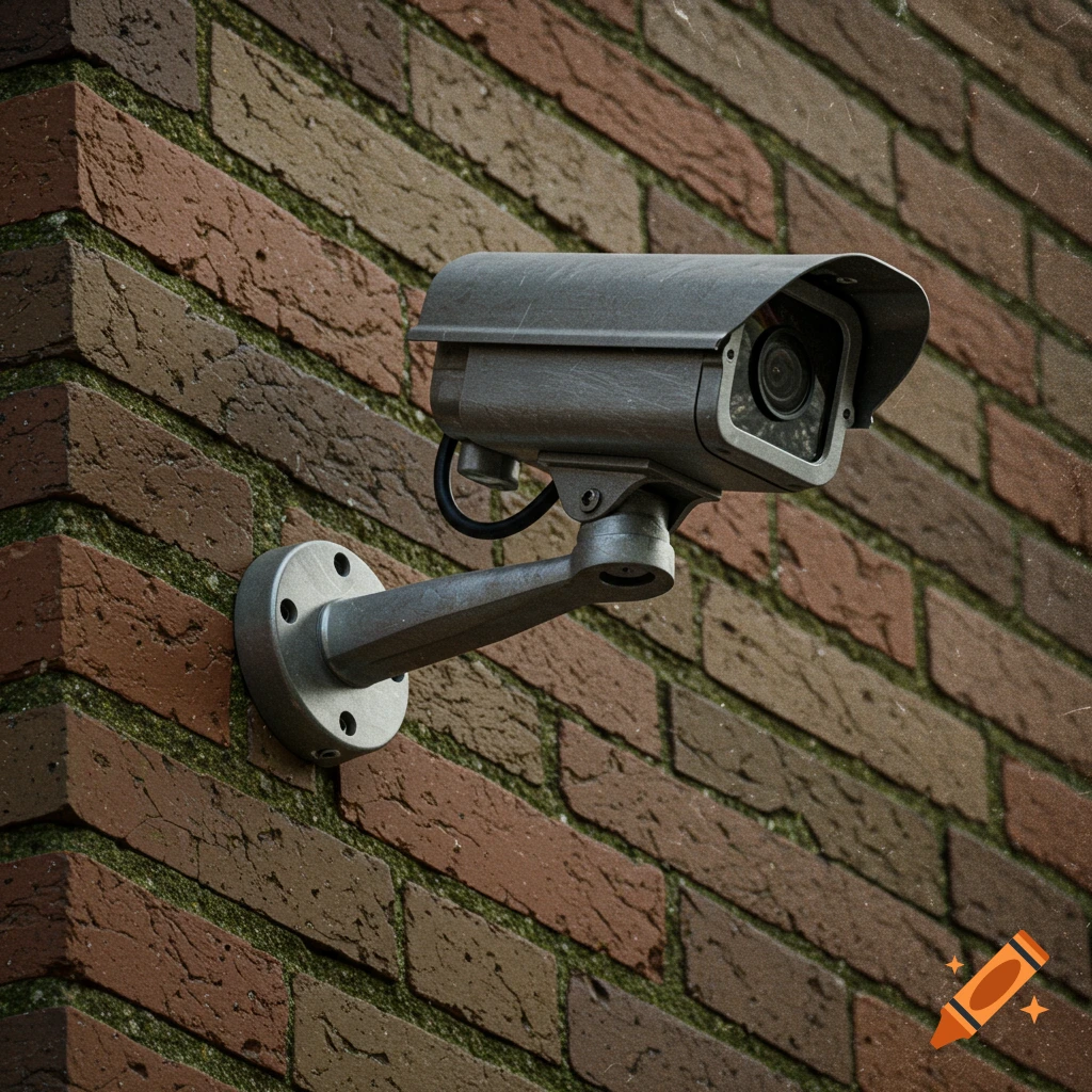 Photorealistic close-up of a security camera mounted on a brick wall. on Craiyon