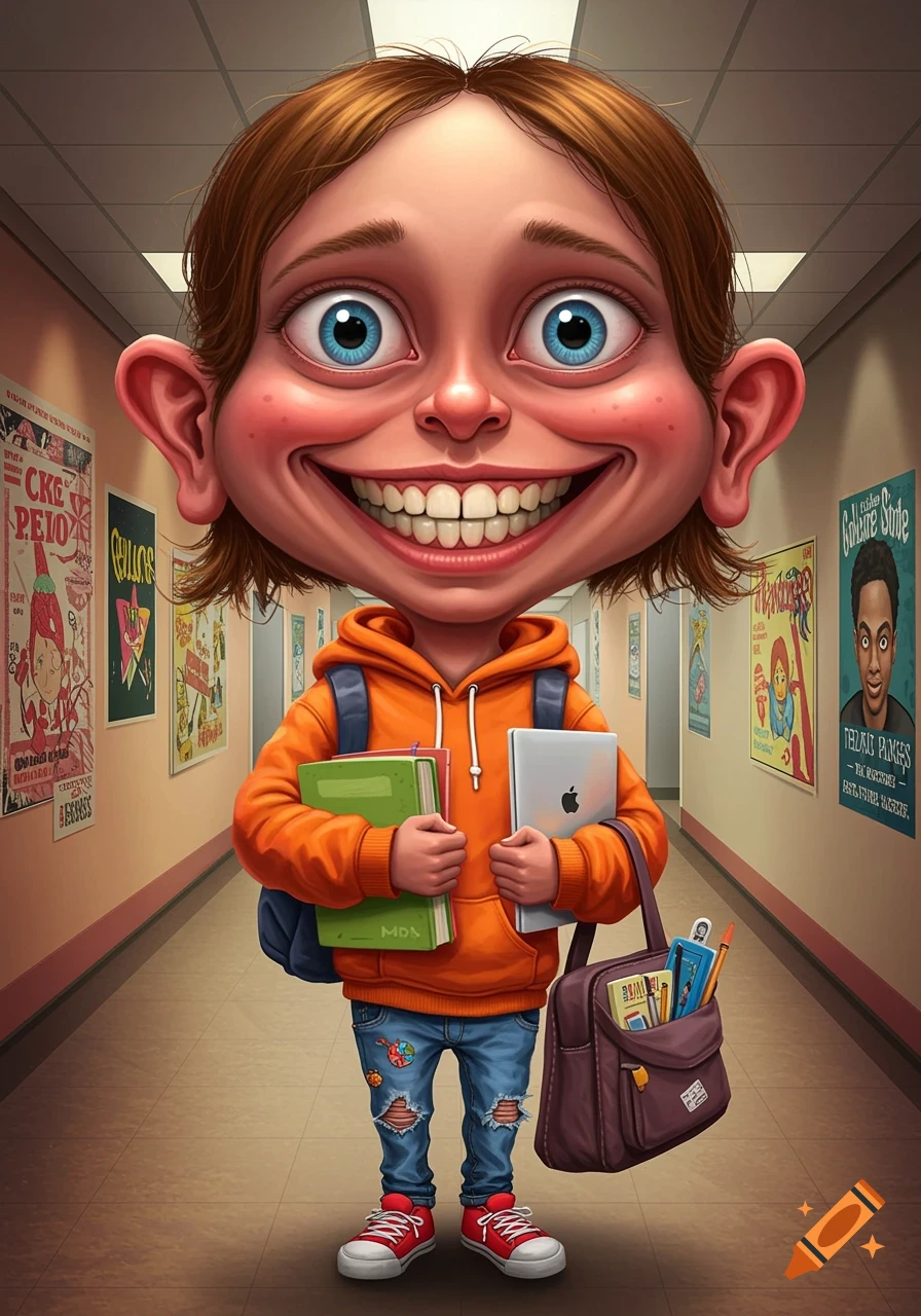 A cartoon student with a huge head and small body stands in a school ...