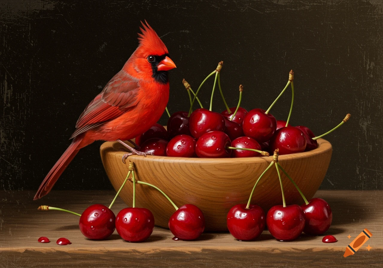 A red cardinal perches on a wooden bowl overflowing with red cherries ...