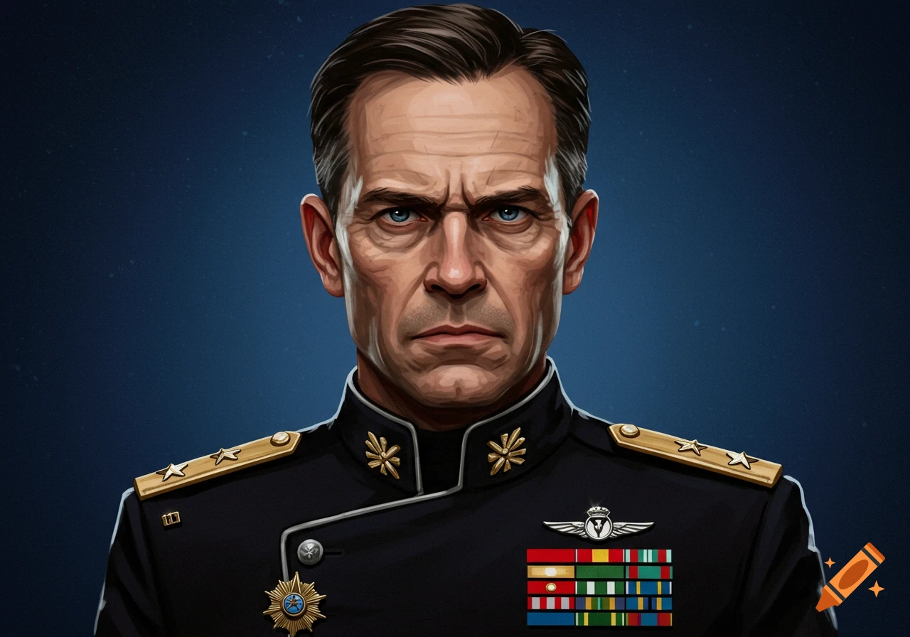 A stern-looking man in a dark military uniform with medals, digital art. on Craiyon