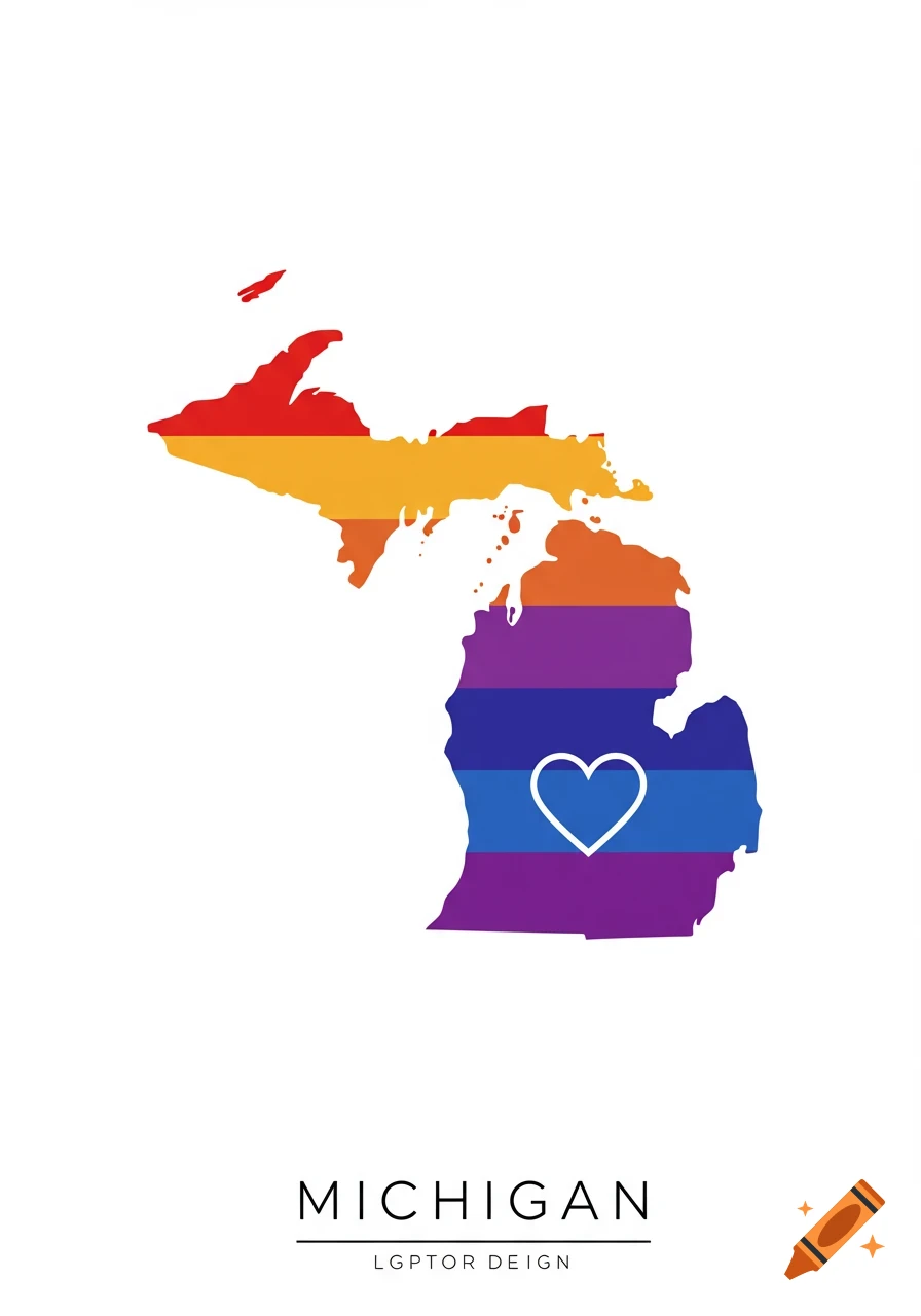 Map of Michigan filled with rainbow flag colors and a white heart. on ...