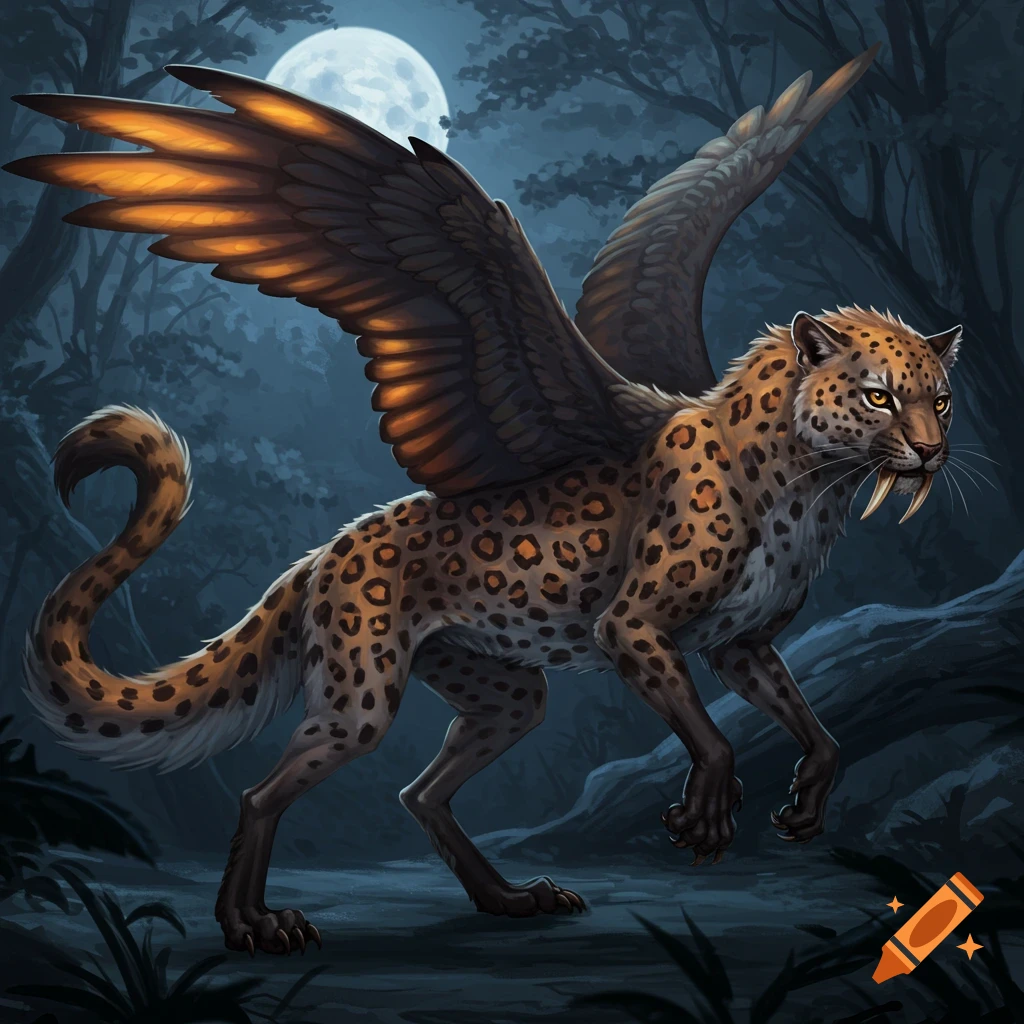 A fantasy creature with panther spots, bat wings, and saber teeth ...