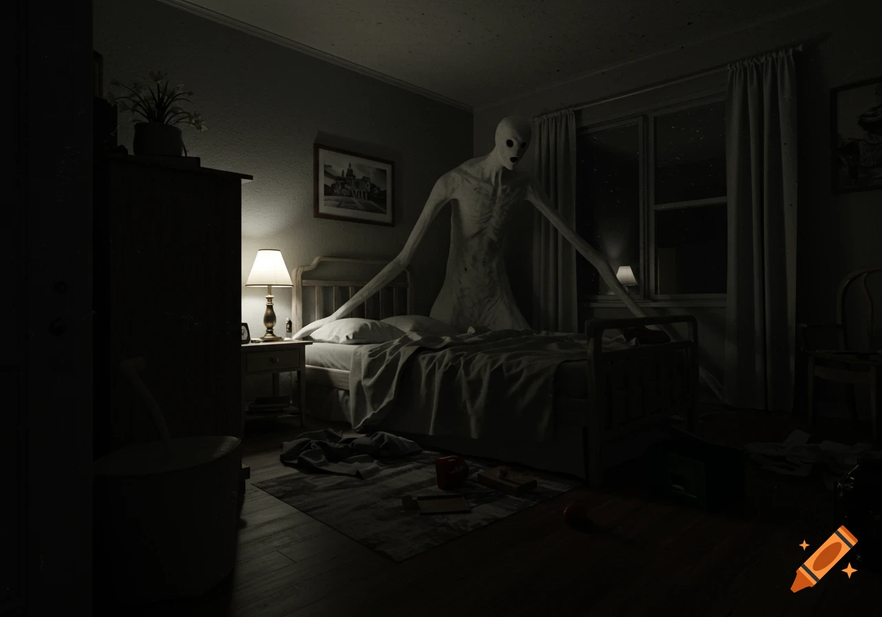 Pale creature stands over a bed in a dark bedroom at night. on Craiyon
