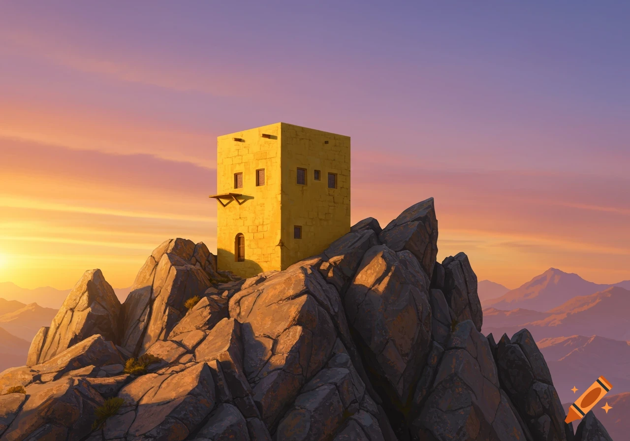 A yellow stone building sits atop a jagged mountain peak at sunset. on ...