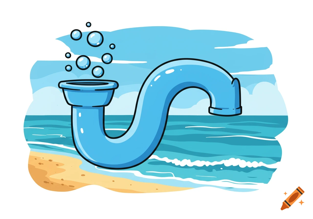 A blue S-shaped pipe sits on a beach with bubbles coming out in a ...