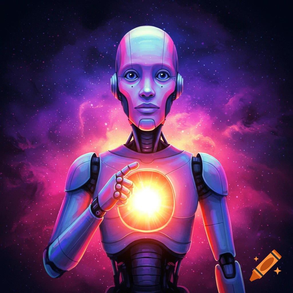 A futuristic robot with a glowing chest standing against a vibrant ...