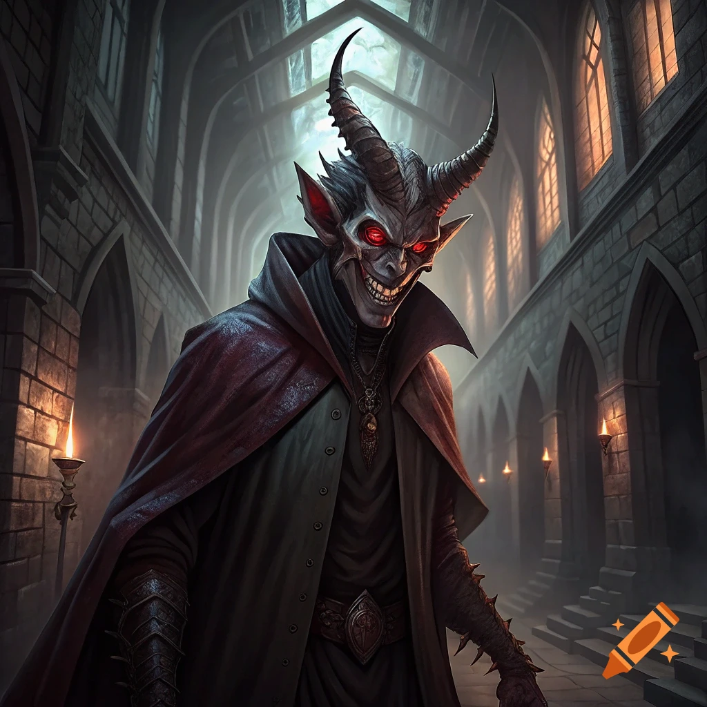A grinning demonic figure with horns and red eyes stands in a dark gothic hallway. on Craiyon