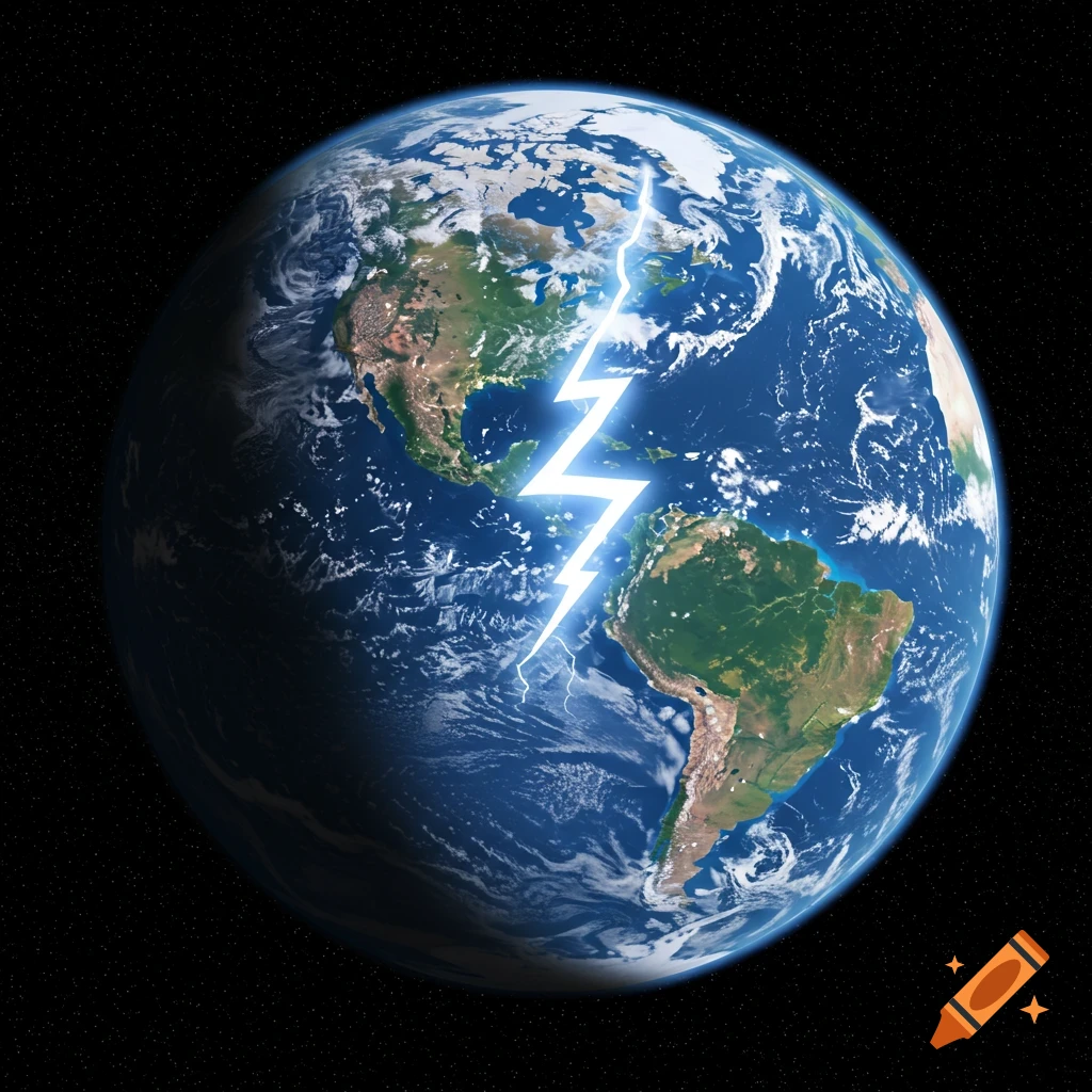 A planet Earth with a large lightning bolt striking the surface, viewed ...