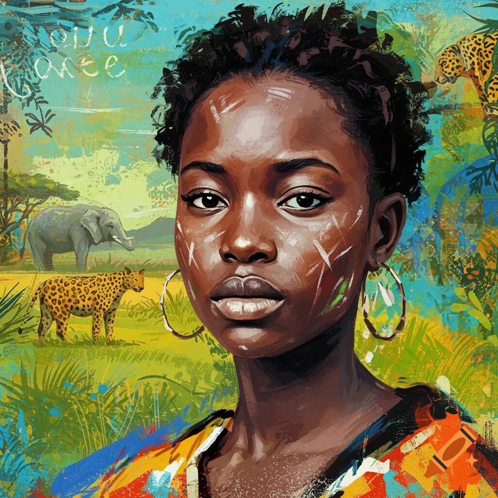 Painted portrait of a woman in a vibrant safari scene with elephant and ...