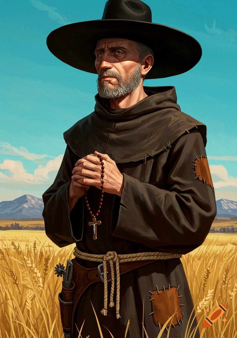 Portrait of a man dressed as a cowboy monk holding a rosary in a field ...