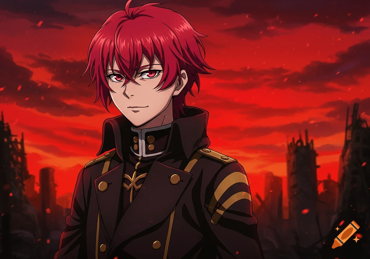 Anime character with red hair and military coat stands against a ruined ...