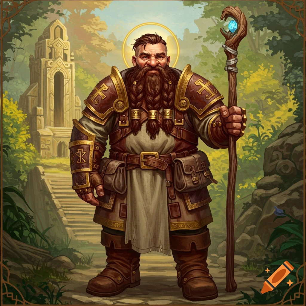 Illustration of a dwarf cleric with a glowing staff standing in a ...