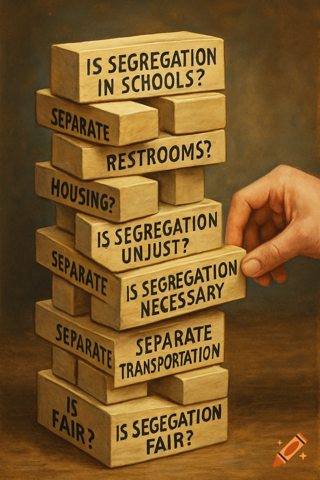 Painterly image of a Jenga tower with segregation questions on the ...