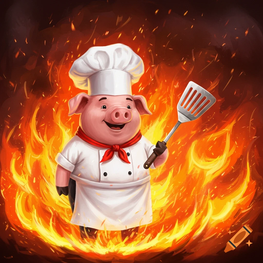 A happy cartoon pig wearing a chef's hat and apron holds a spatula ...