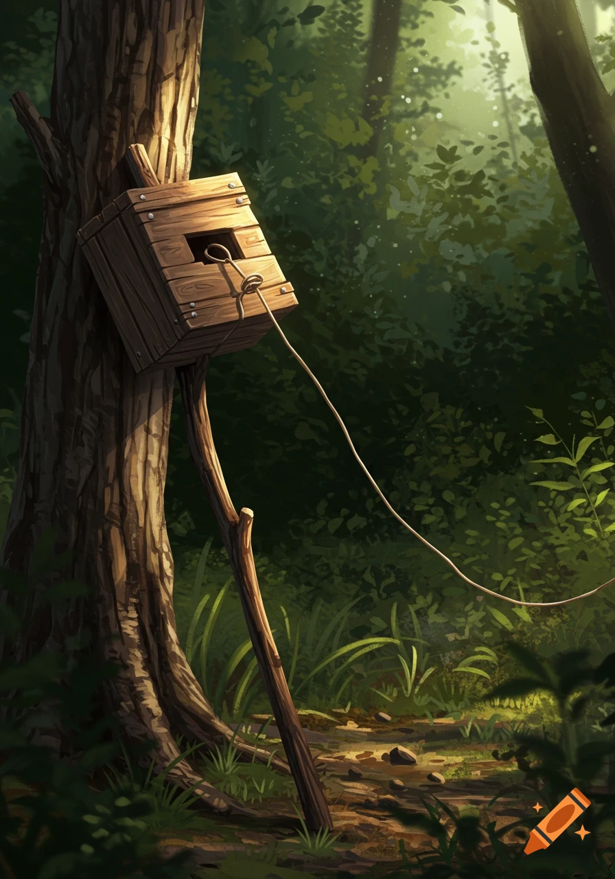 Wooden box trap held up by stick and rope in a forest, illustration. on ...