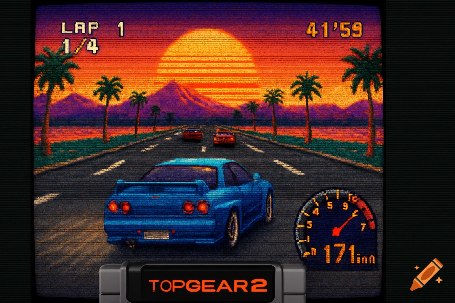 Pixel art screenshot of a retro racing video game on a highway at ...