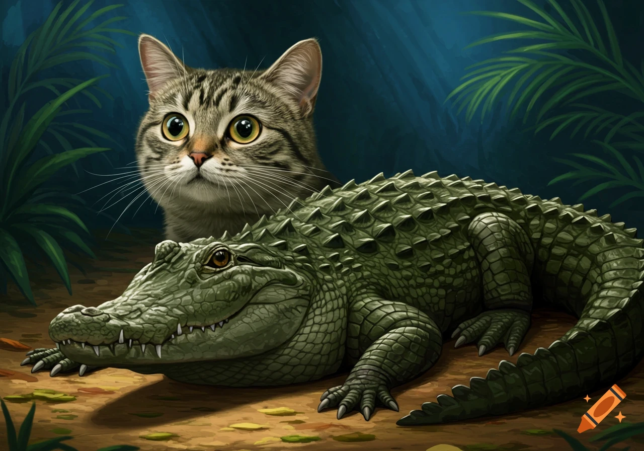 A tabby cat peeking from behind an alligator in a jungle setting. on ...