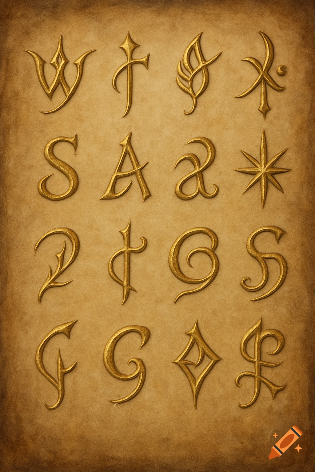 A grid of ornate, golden, stylized symbols resembling an ancient script ...
