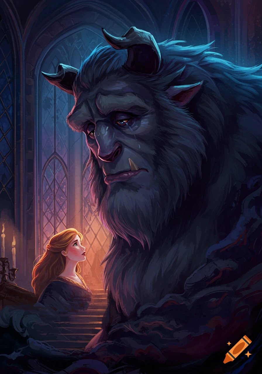 Illustration of the Beast crying, looking down at Belle in a castle. on ...