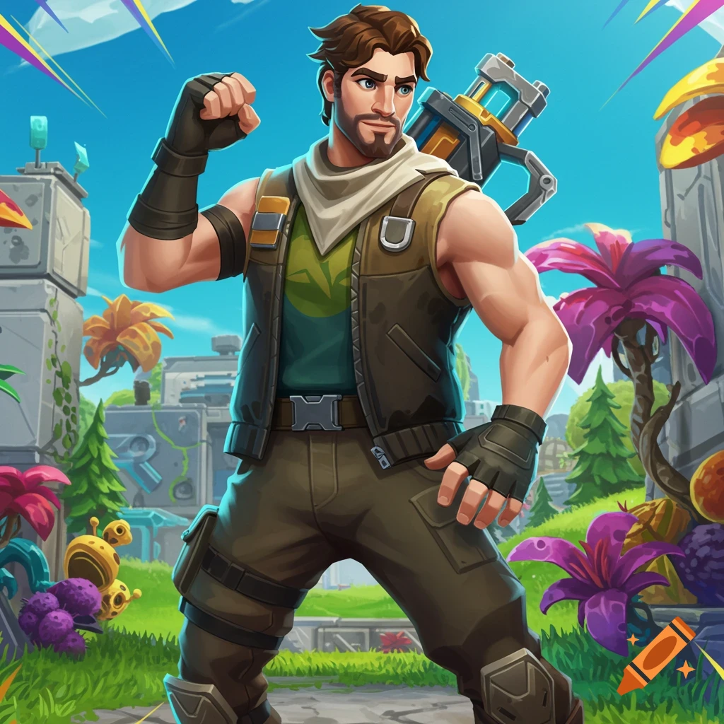 Muscular male character in Fortnite-style gear poses in a vibrant ...