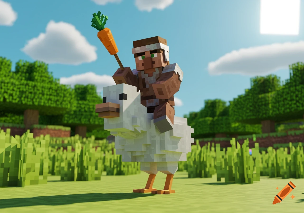 Minecraft villager riding a chicken in a sunny field. on Craiyon