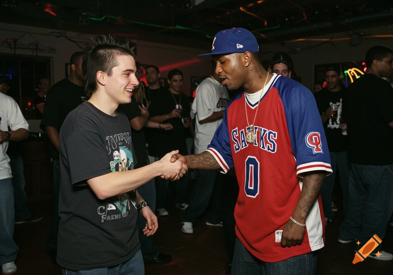 Two people, one with a mohawk wearing a graphic tee and another in a ...