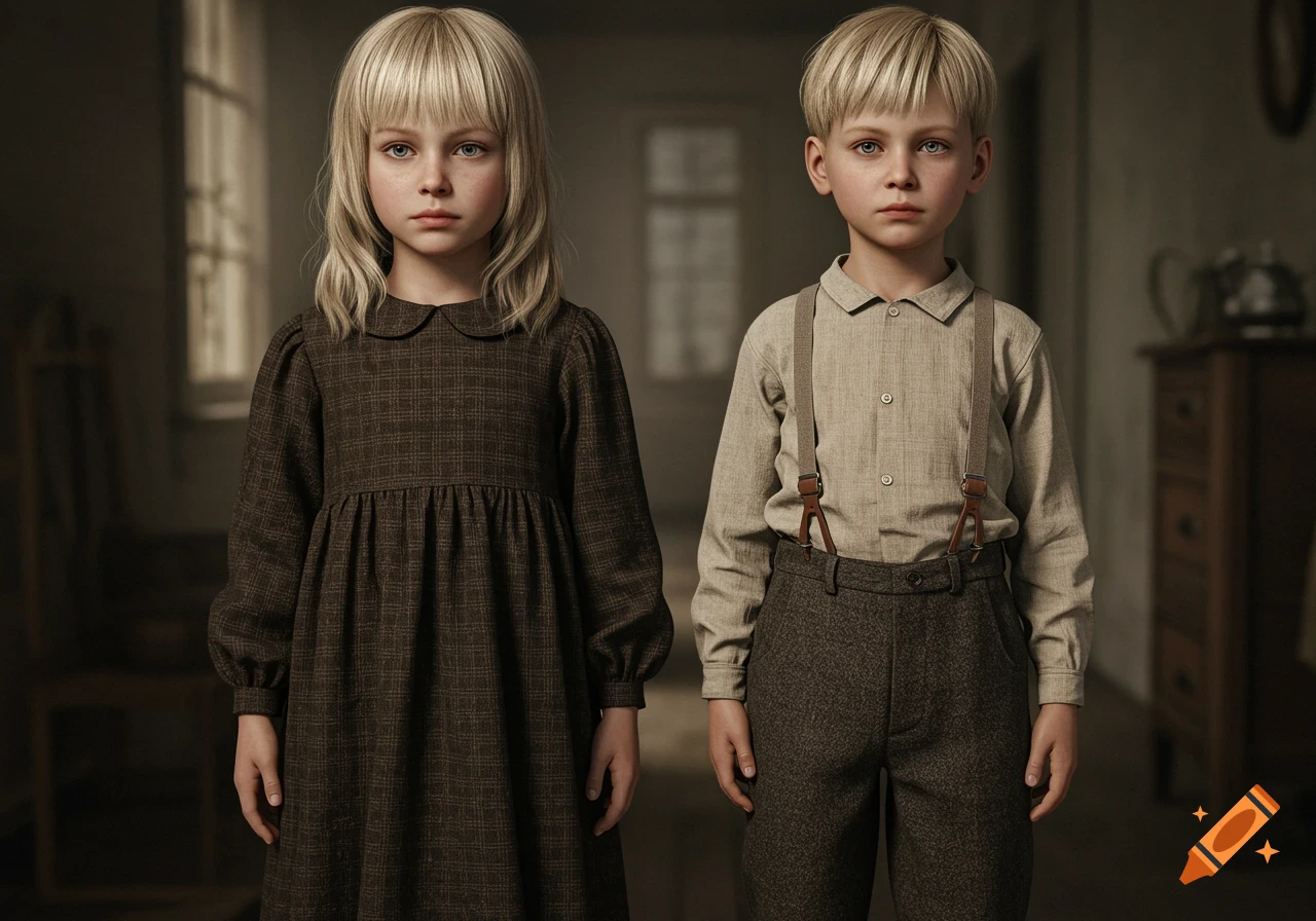 Two young children in 1930s style clothing stand side by side indoors ...