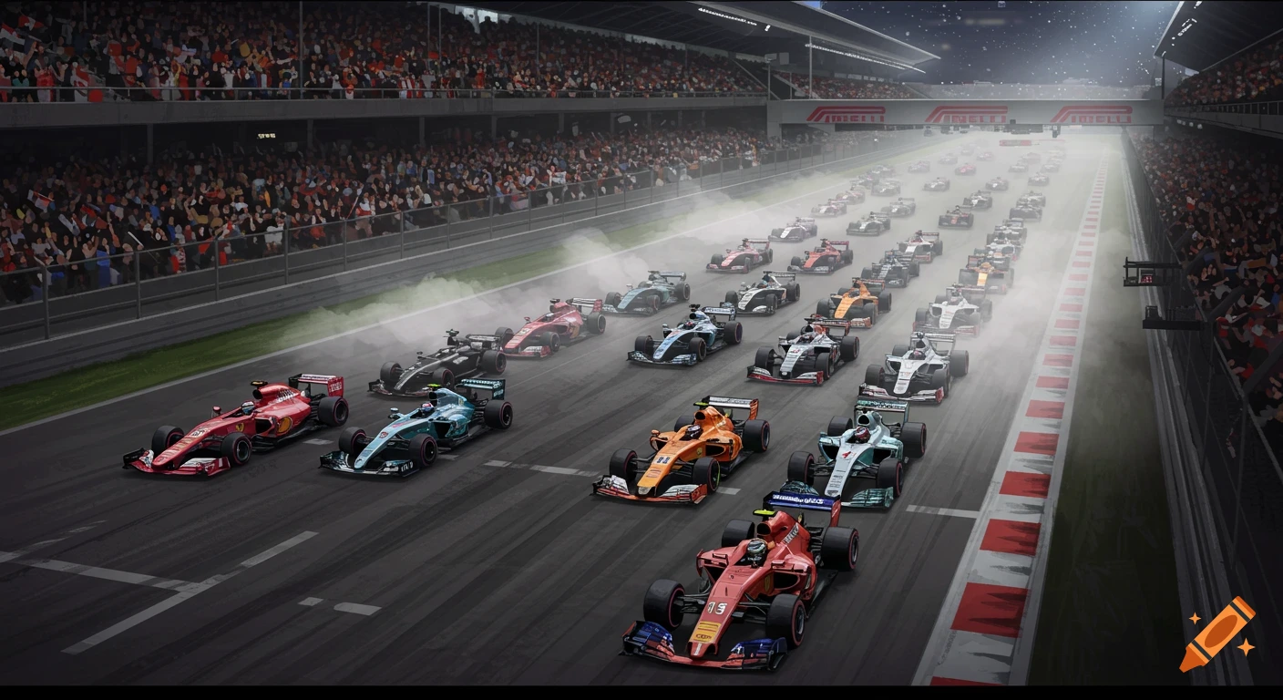 Formula 1 race cars lined up on the starting grid in a stadium with a ...