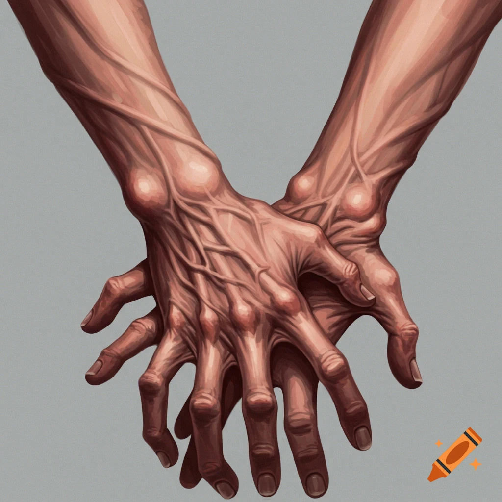 Detailed depiction of two intertwined hands with prominent veins and ...